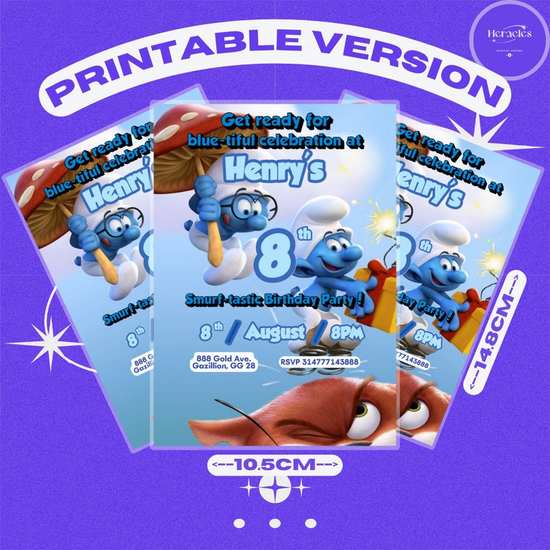 Smurfs Birthday Invitation, Smurf Birthday Invite, Smurfs Birthday ...