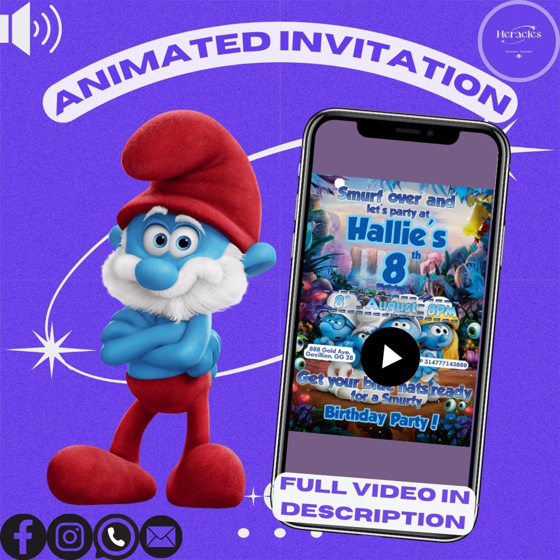 Smurf Birthday Invitation, Smurf Birthday Invite, Smurfs Birthday Party ...