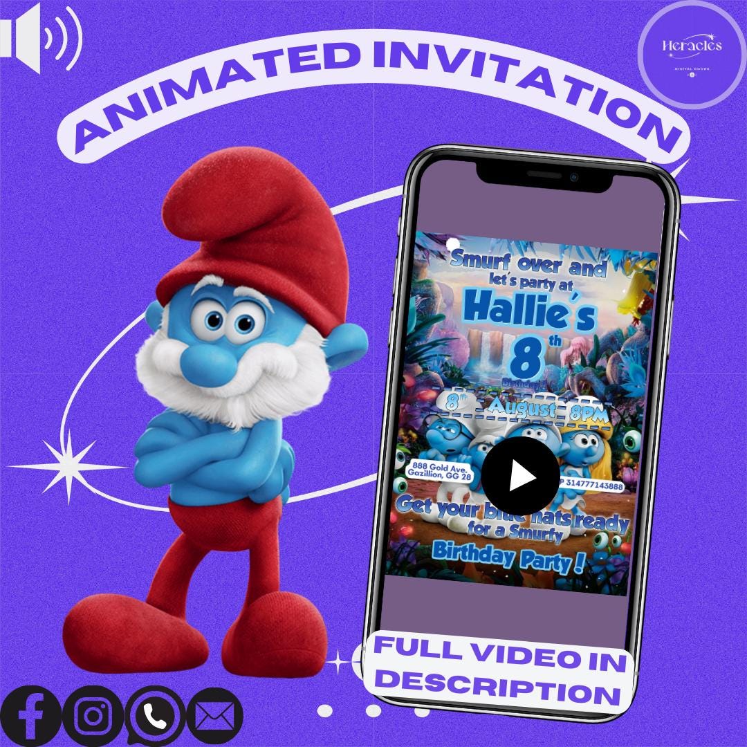 Smurf Birthday Invitation, Smurf Birthday Invite, Smurfs Birthday Party ...