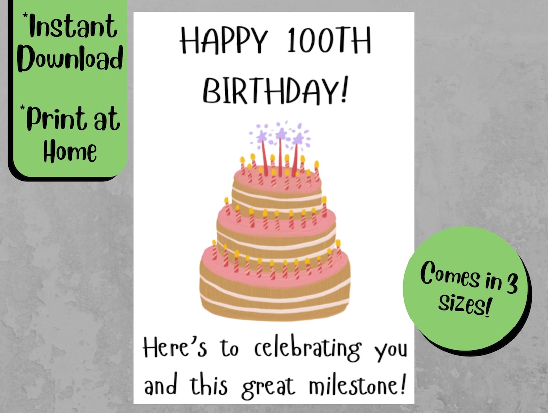 Printable 100th Birthday Card - Centenarian Birthday - Instant Download ...