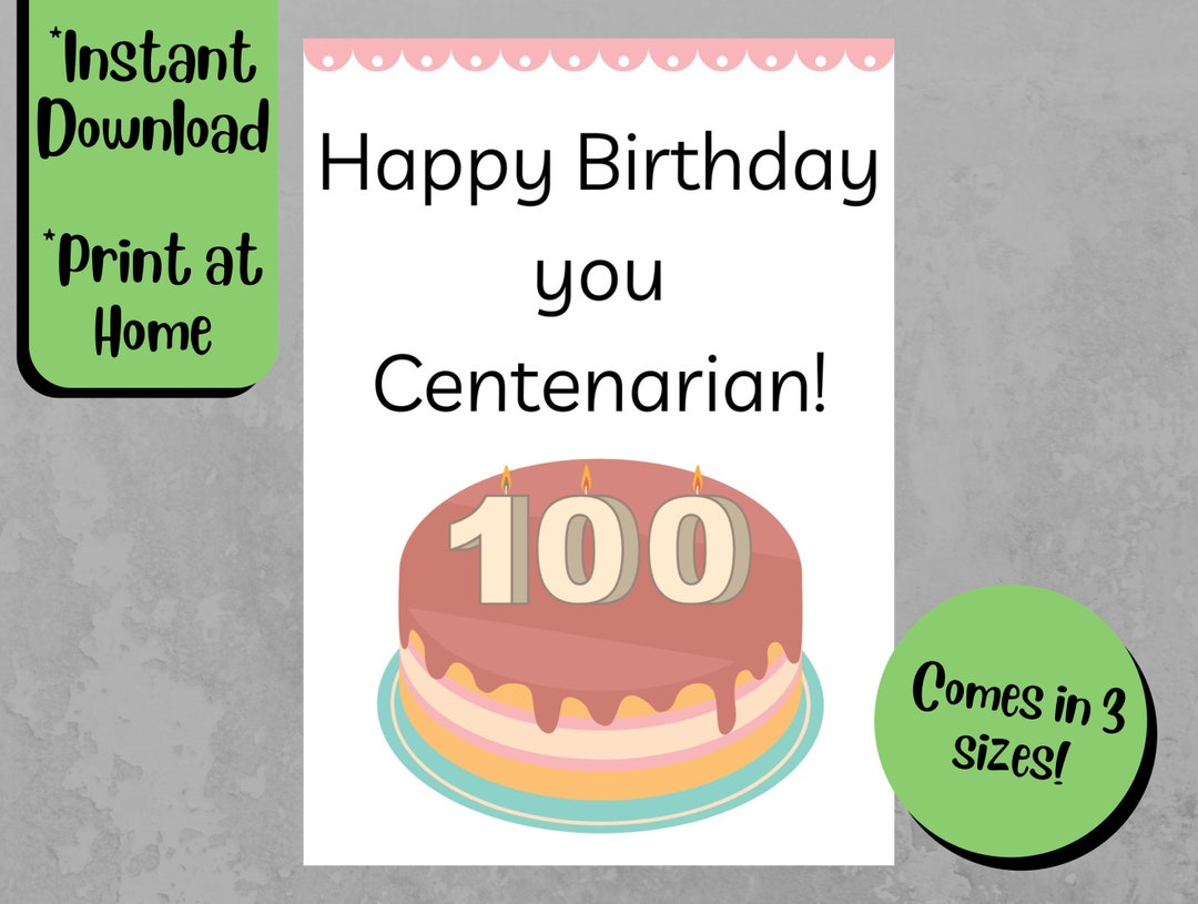 Printable 100th Birthday Card Centenarian Birthday Instant Download - Etsy