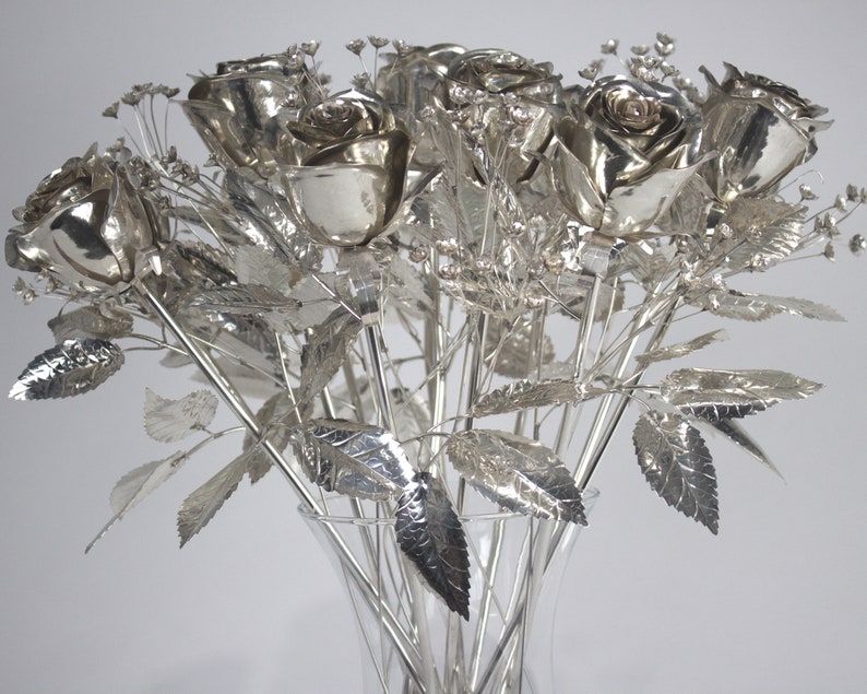 1 Dozen Sterling Silver Roses With Baby's Breath - Etsy