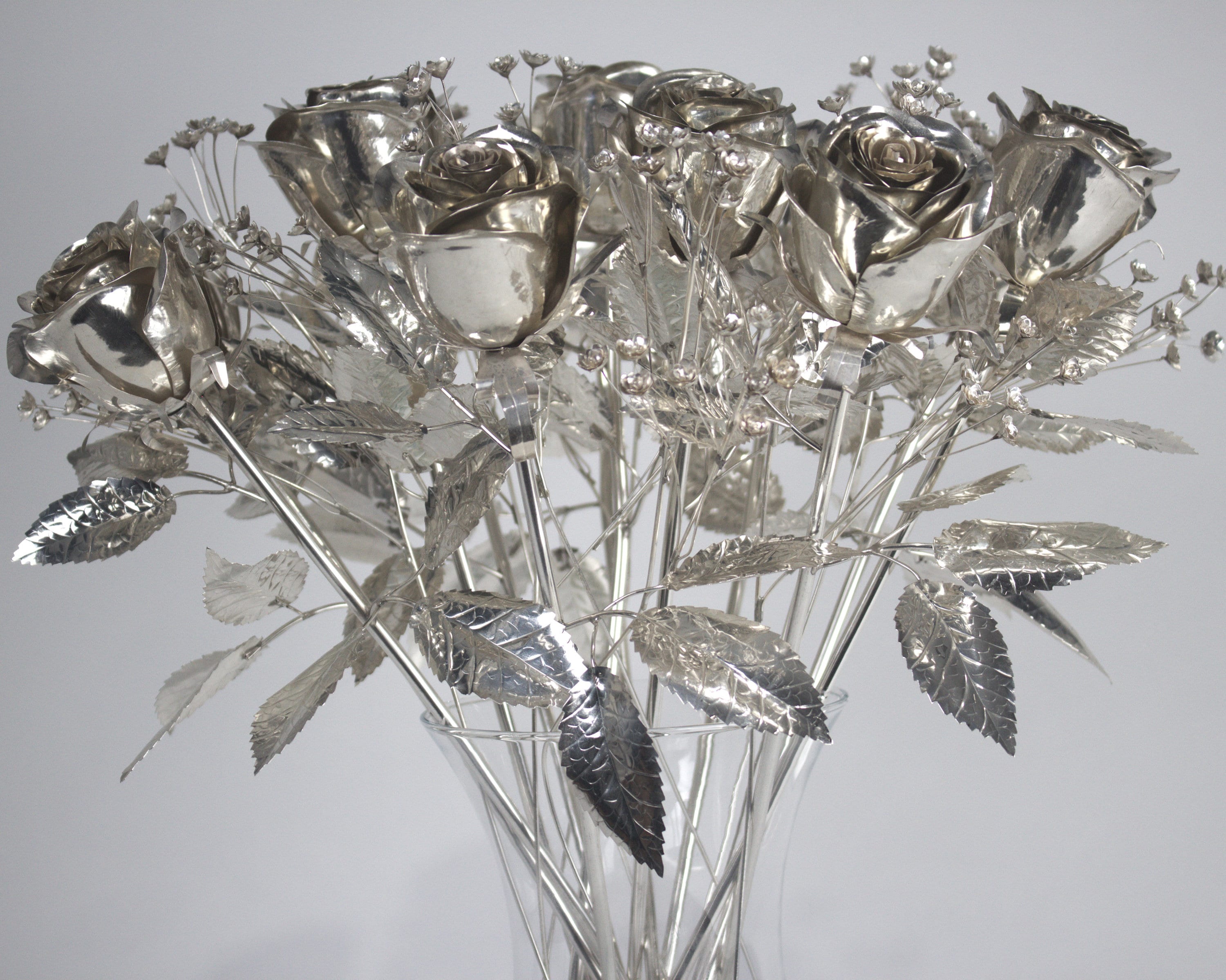 1 Dozen Sterling Silver Roses With Baby's Breath - Etsy