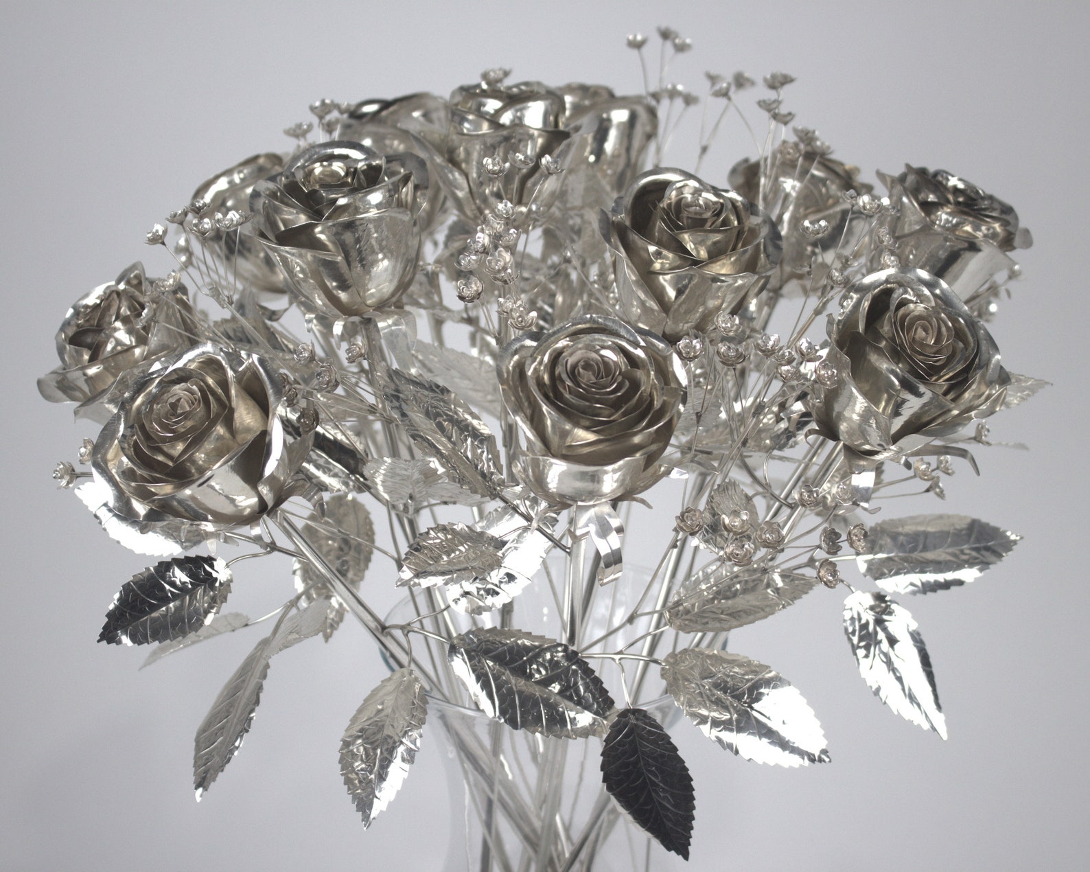 1 Dozen Sterling Silver Roses With Baby's Breath - Etsy