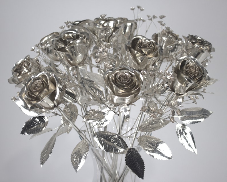 1 Dozen Sterling Silver Roses With Baby's Breath - Etsy