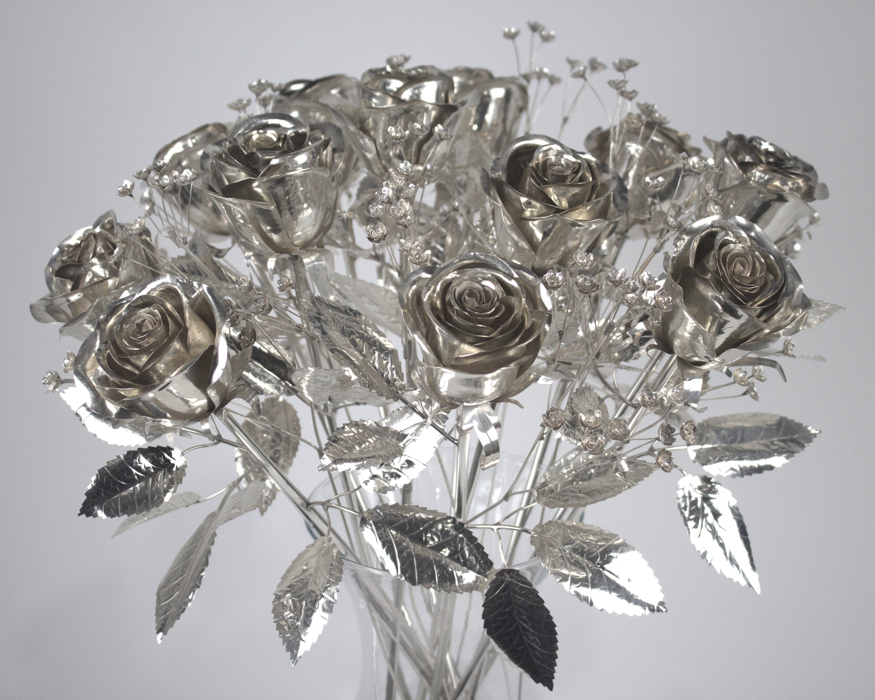 1 Dozen Sterling Silver Roses With Baby's Breath - Etsy