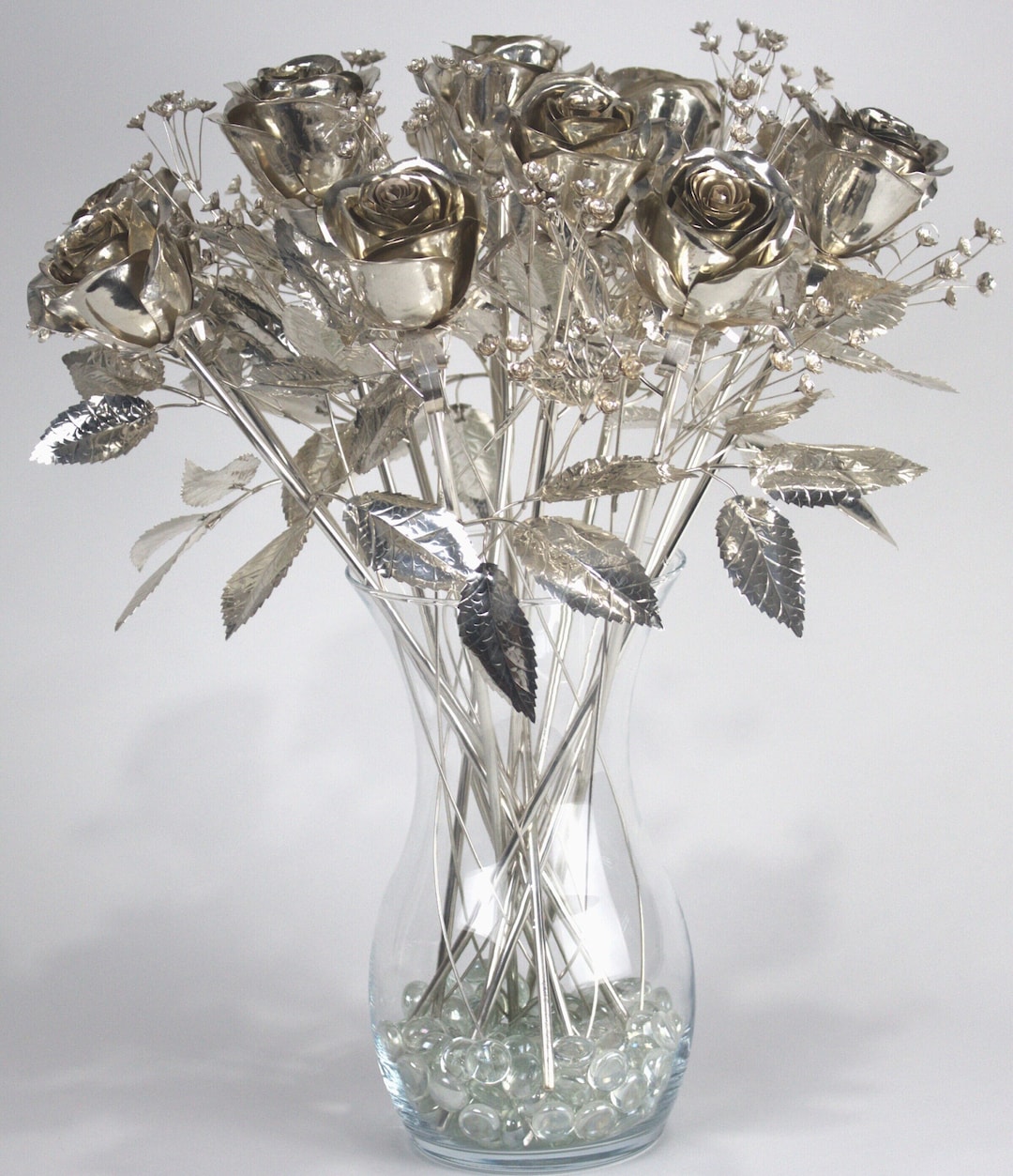 1 Dozen Sterling Silver Roses With Baby's Breath - Etsy