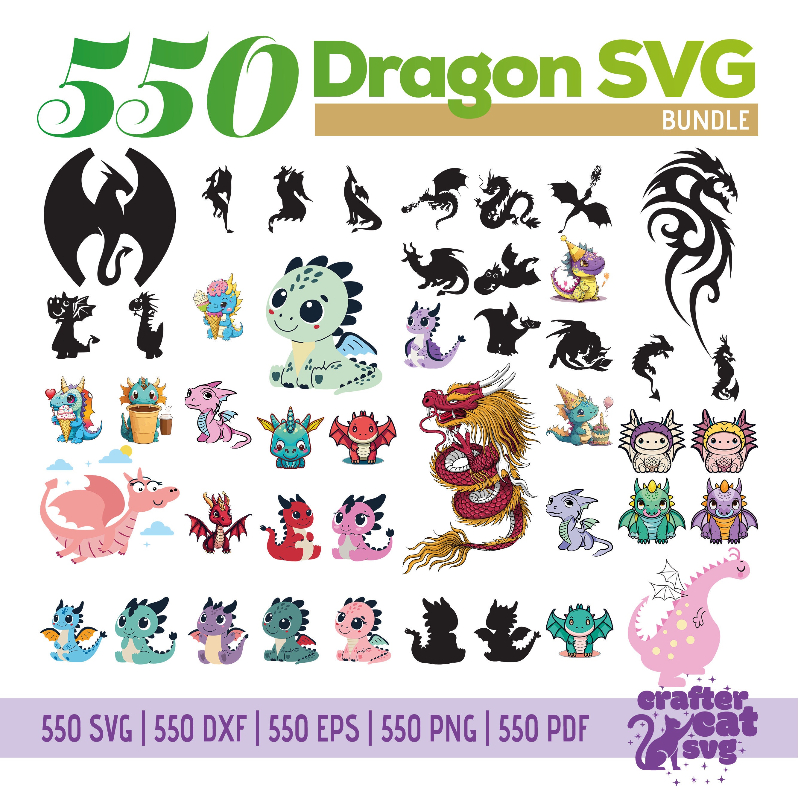 550 Dragon SVG Bundle - Dragons Svg - Dxf, Eps, Png, Pdf - Dragon Cut ...