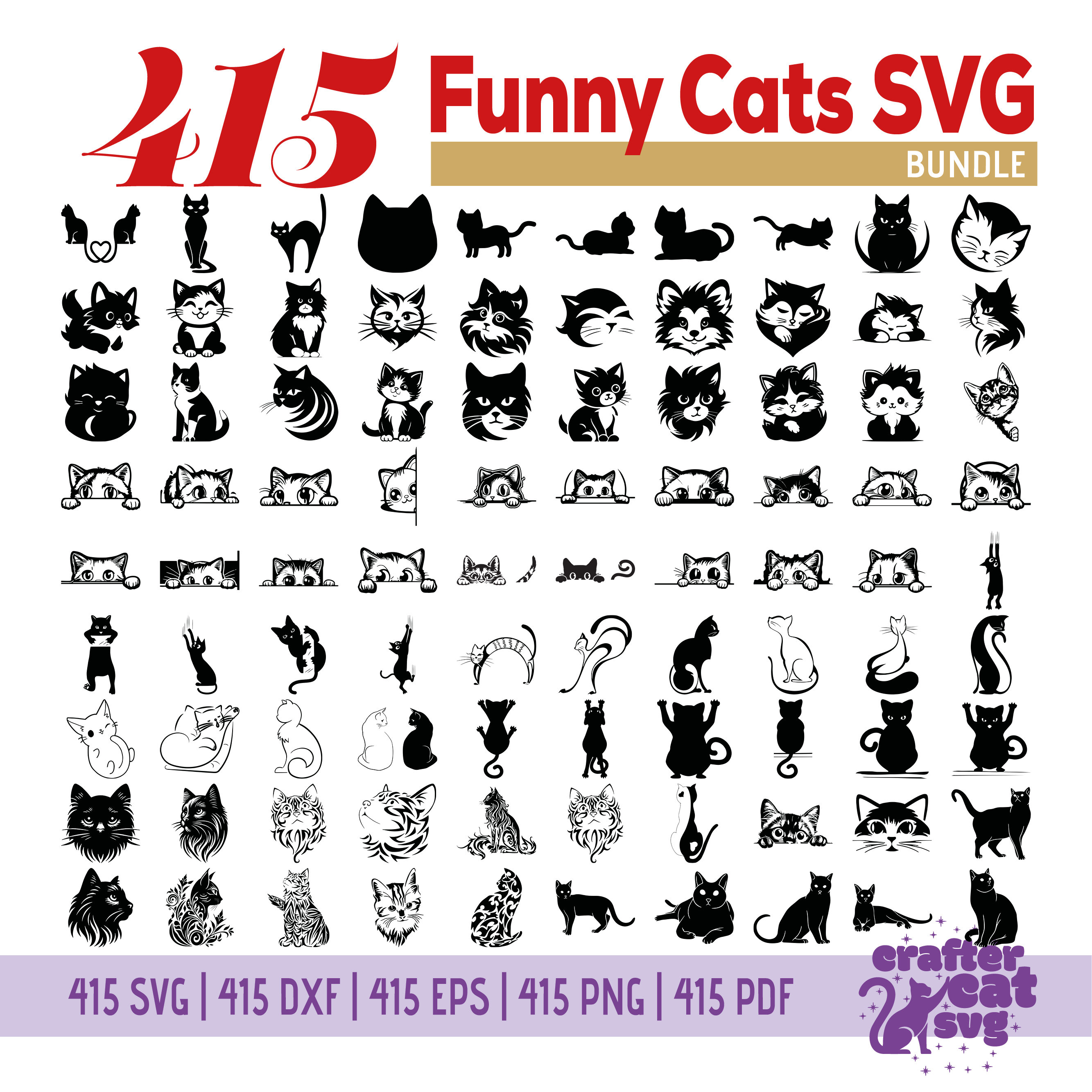 Funny Cat SVG Bundle: 415 Kitten Silhouette Designs (digital Download ...