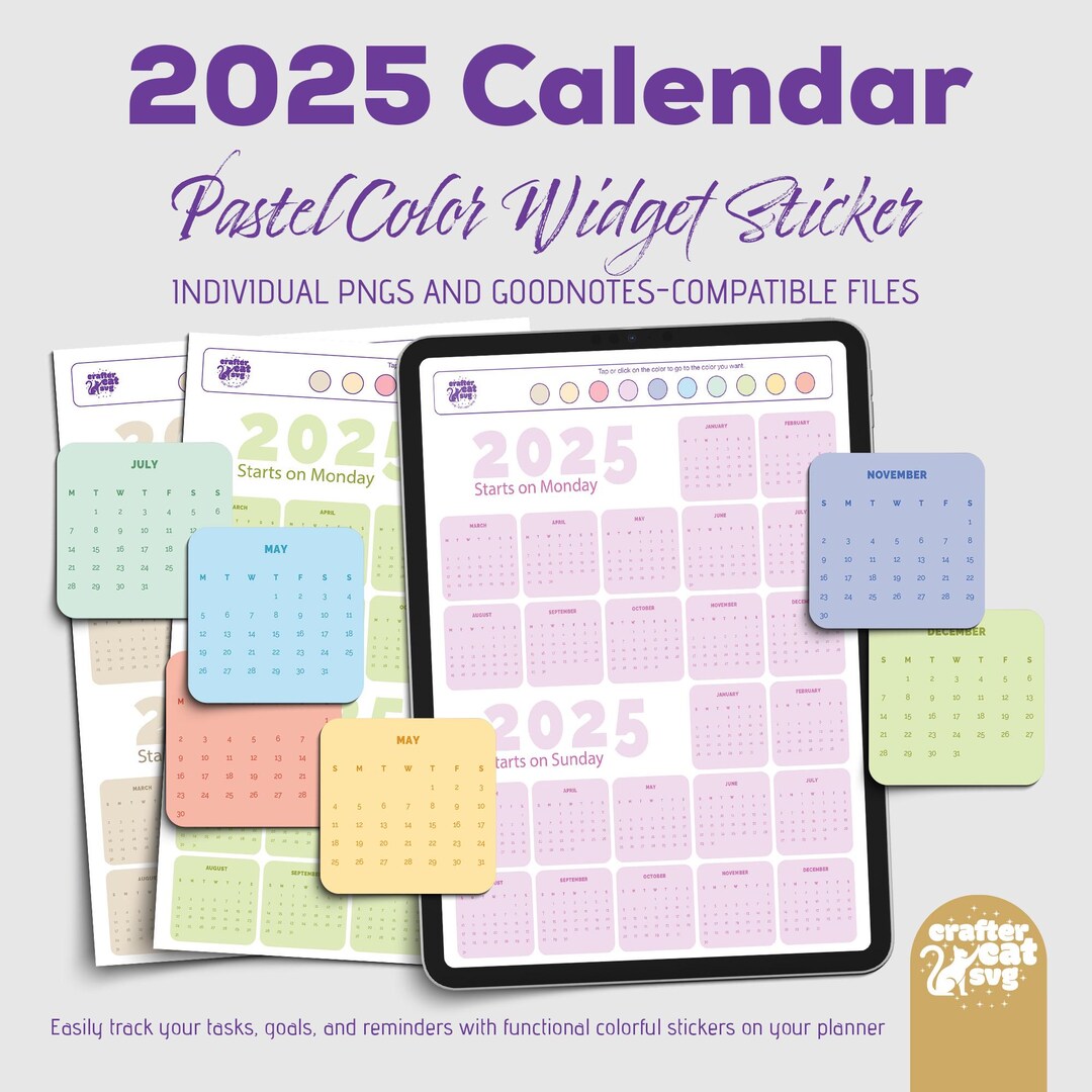 2025 Calendar Widgets for Digital Planners, Pre-cropped Stickers, PNG ...