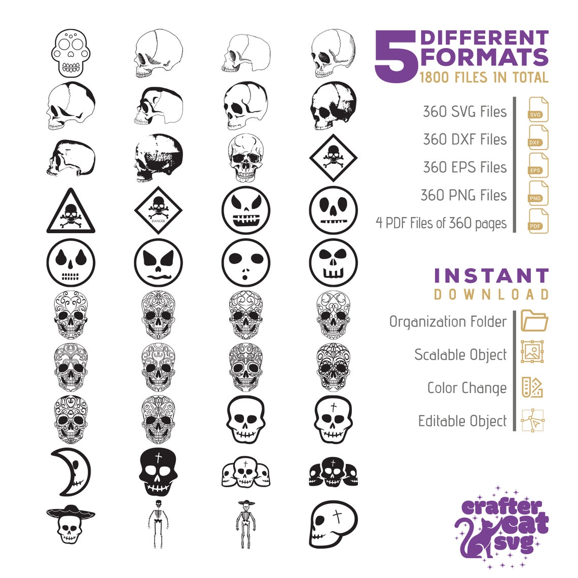 360 Skull Svg Bundle - Skeleton Svg - Skull Svg, Dxf, Eps, Png, Pdf ...