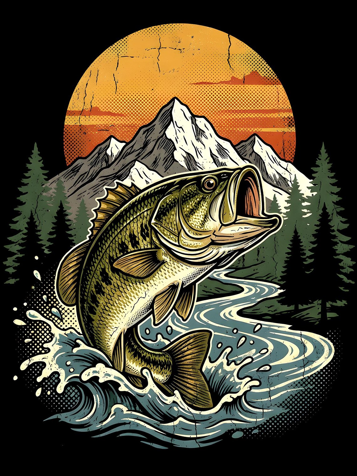 Vintage Largemouth Bass PNG, Retro Sunset Mountain River Fishing Shirt ...