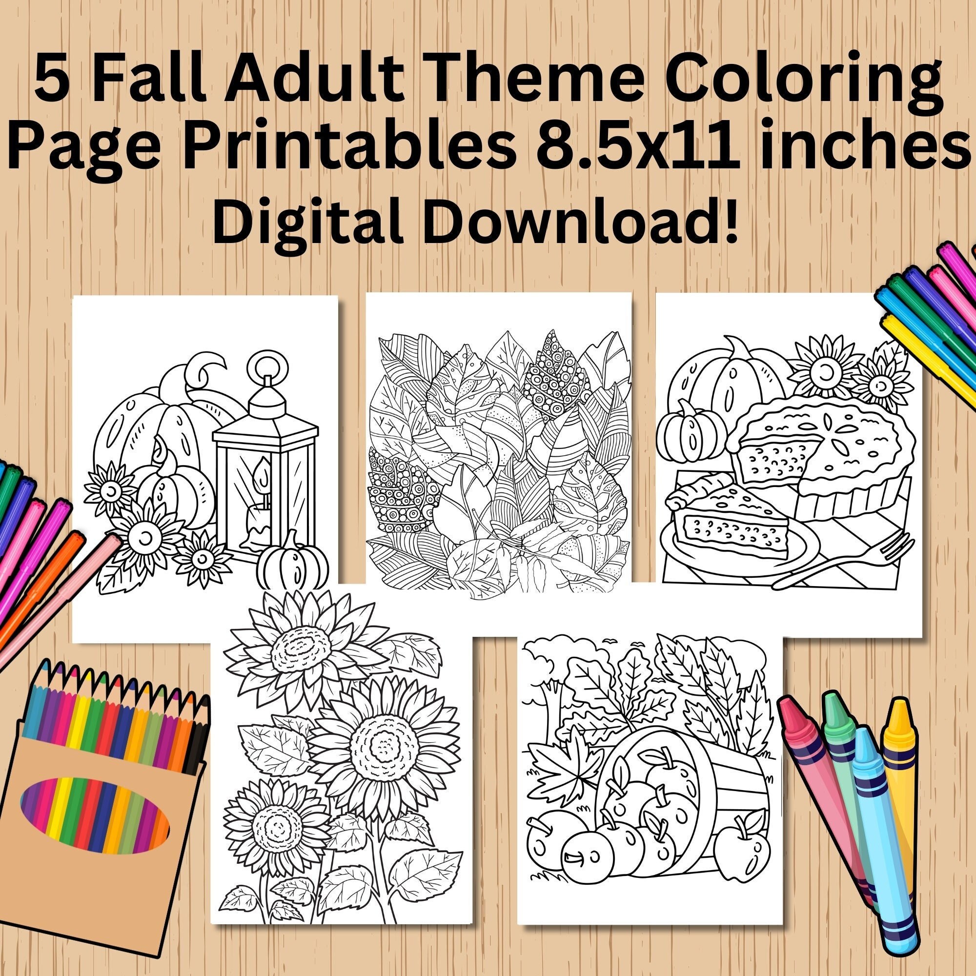 5 Fall Theme Printable Adult Coloring Book Pages Digital Download - Etsy