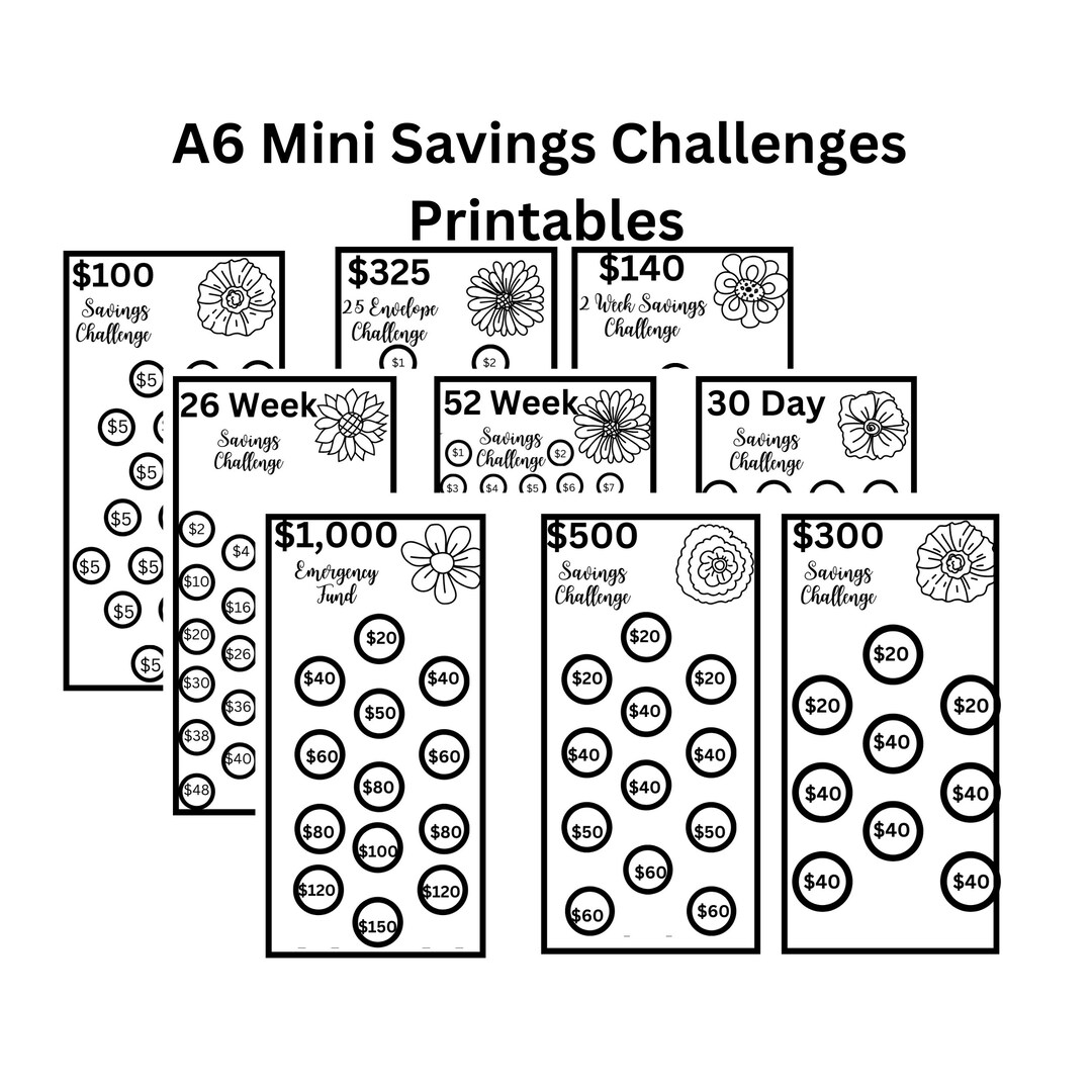 A6 Mini Savings Challenges Set of 9 Flower Doodle Designs for Budgeting ...