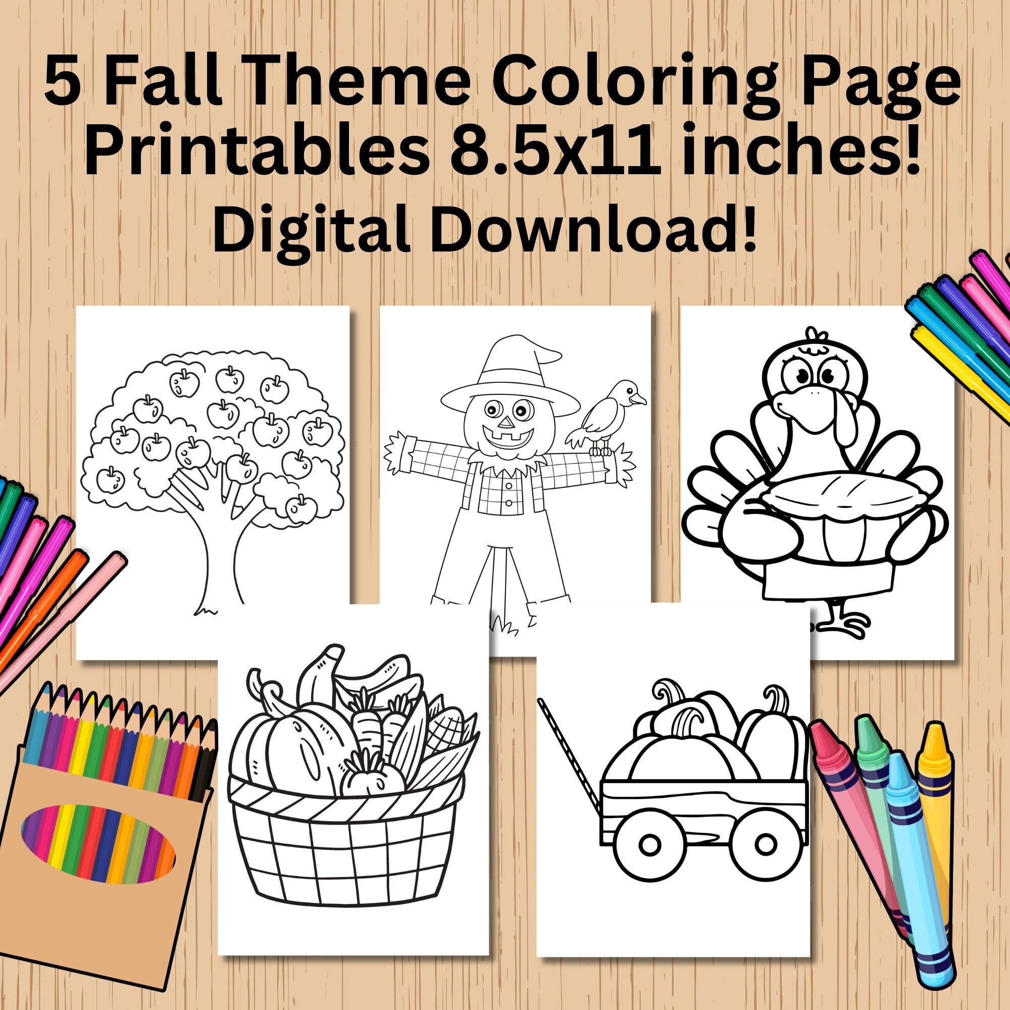 Digital Download of 5 Printable Fall Theme Coloring Book Pages With ...