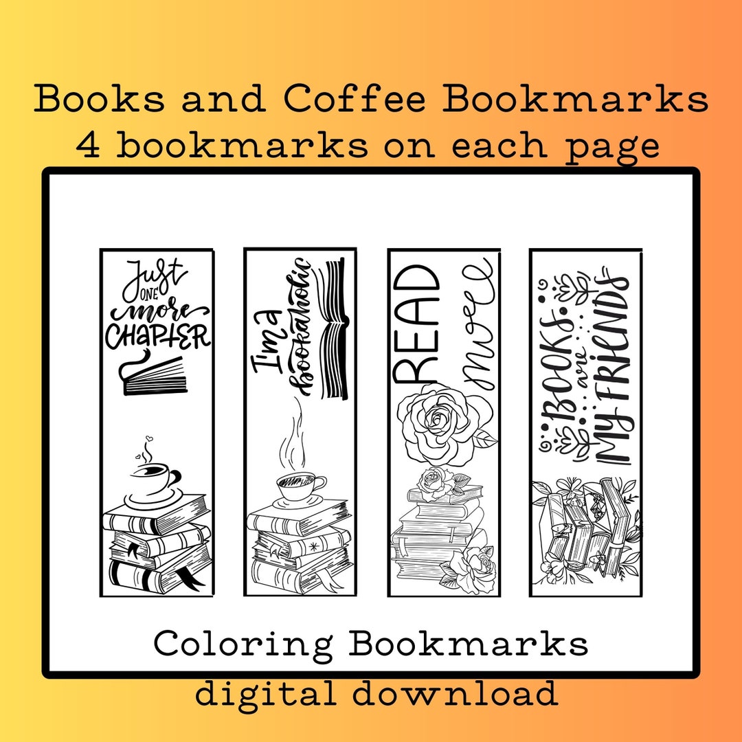 Set of 4 Coloring Page Bookmarks of Coffee and Books for Fall and ...