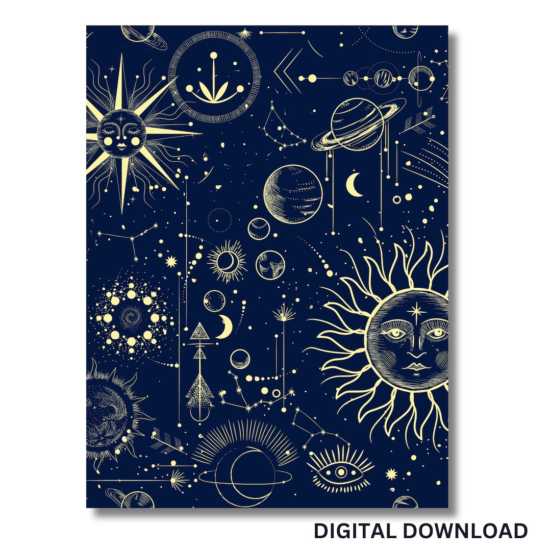 Suns and Moons Digital Download Printable Wall Art With Dark Navy Blue ...