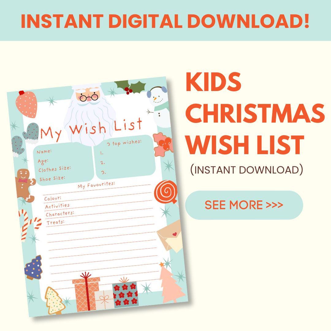 Kids Christmas Wish List, Printable Kids Santa Letter Template, Holiday ...
