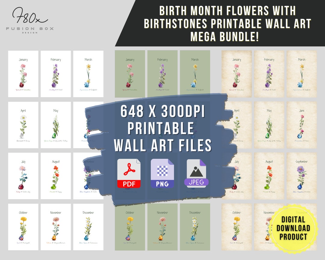 Birth Flower Bundle, Birthflower Art Gift, Birthmonth Flower Bundle ...