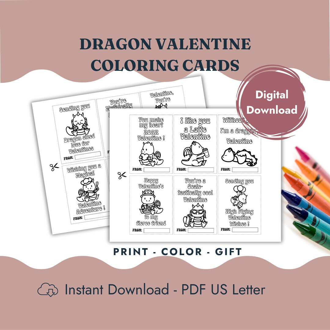 Dragon Valentine Coloring Cards, Kids' Valentine's Day Activity, Fun ...