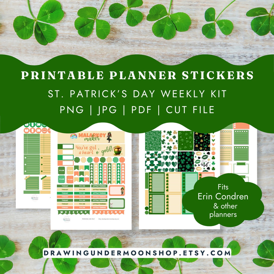 Printable St. Patrick's Day Planner Sticker Kit, Green and Gold March ...