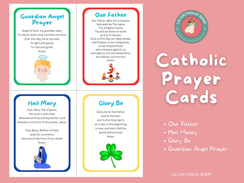 Catholic Prayer Card and Poster Pack, Small Colourful Prayer Cards for ...
