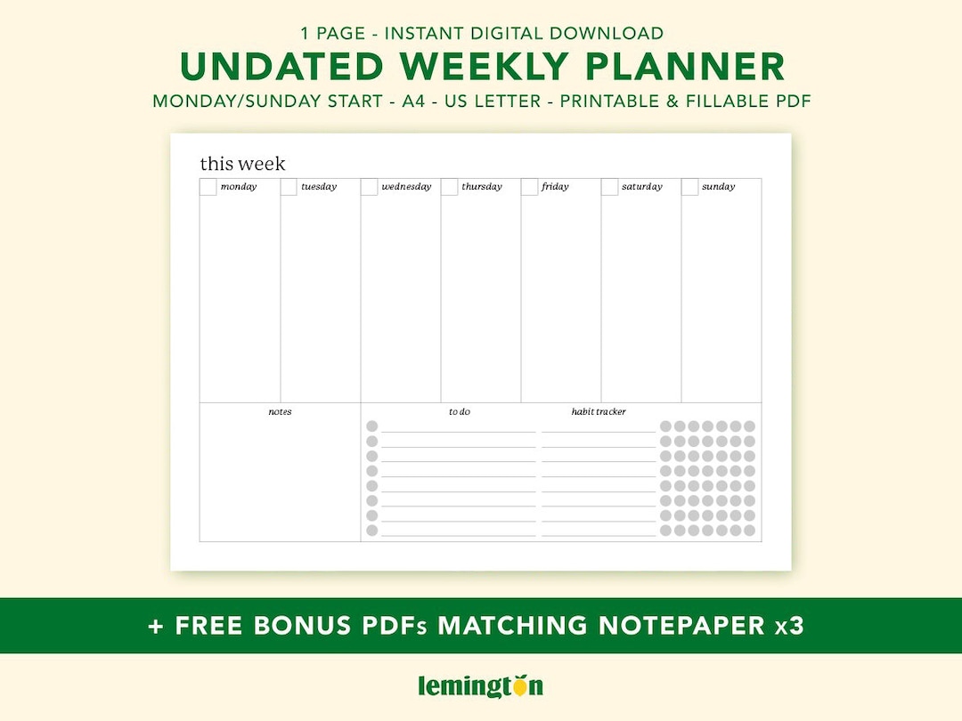Instant Download Undated Weekly Planner With Habit Tracker Digital ...