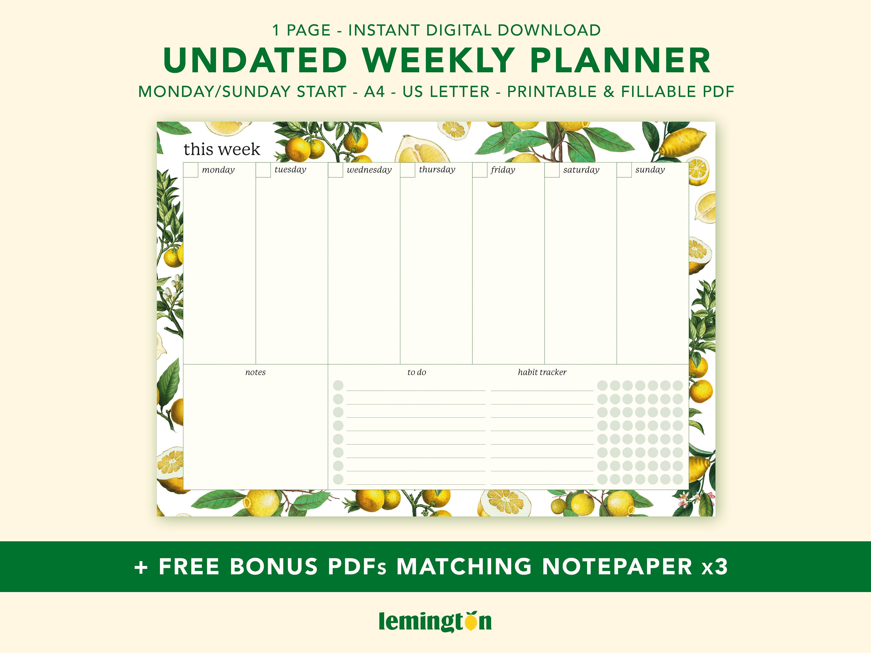 Instant Download Undated Weekly Planner With Habit Tracker Digital ...