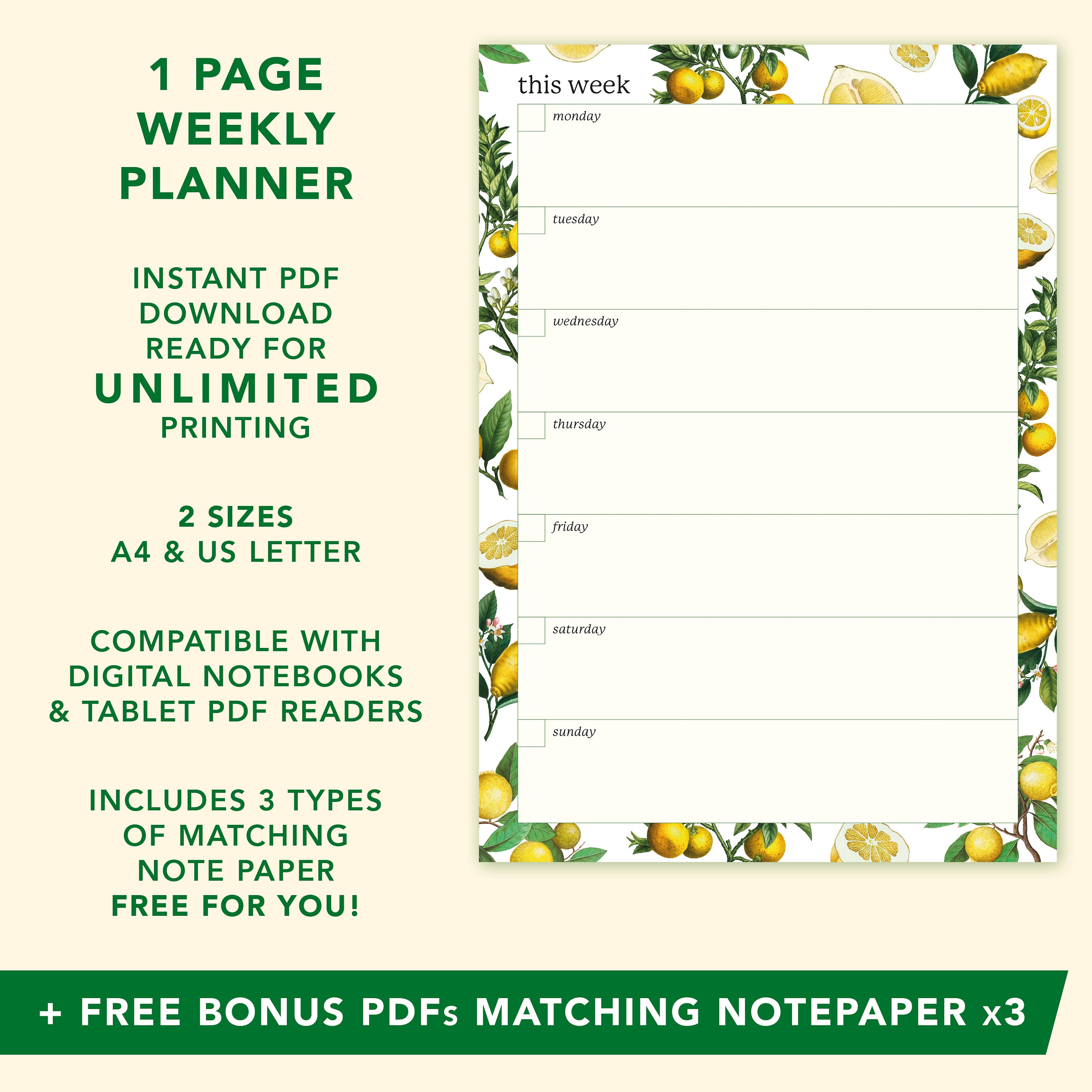 Undated Weekly Planner Digital Download Organiser PDF Vintage Citrus ...
