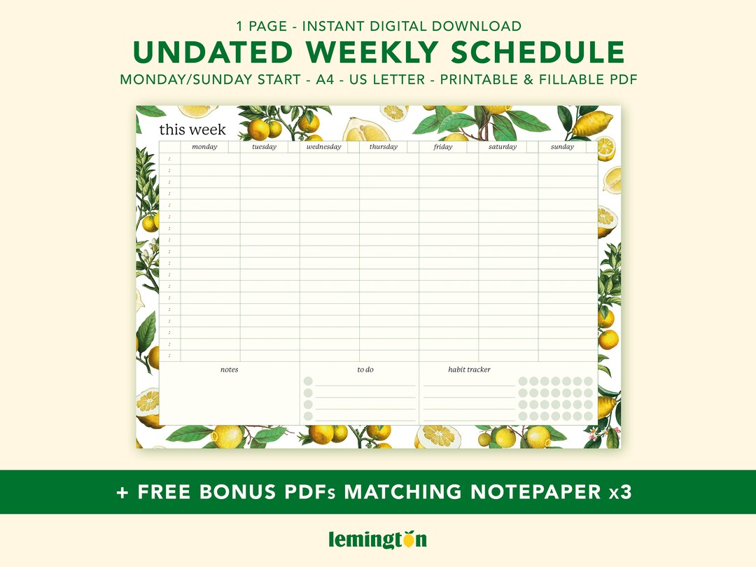 Instant Digital Download Undated Weekly Schedule Organiser PDF Vintage ...