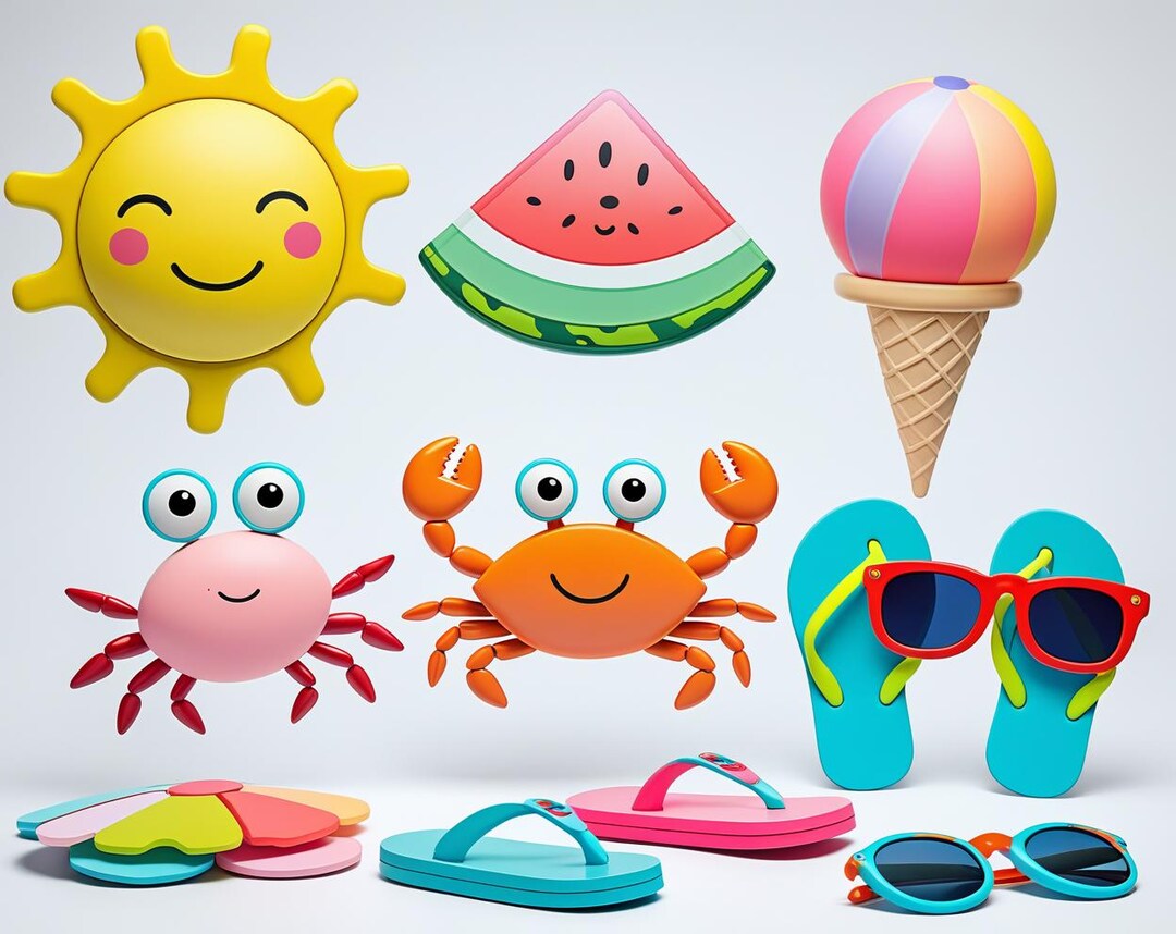 Summer Clipart Bundle- Cute Cartoon Crabs, Sun, Watermelon, Ice Cream ...