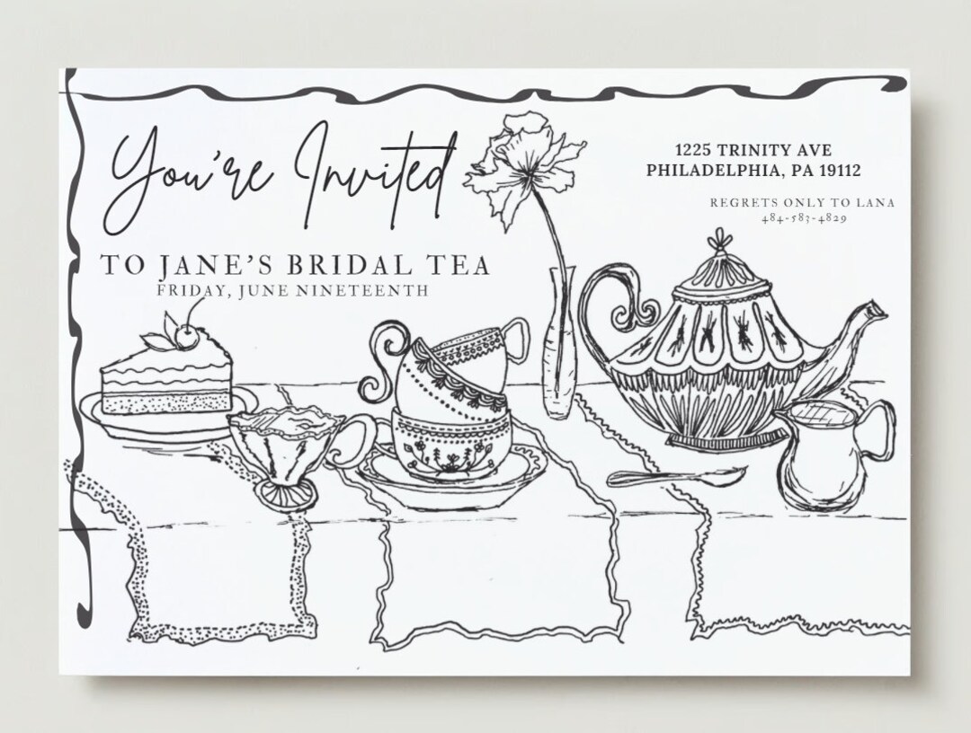 Tea Party Bridal Tea Invitation -hand Drawn, Black & White Sketch ...