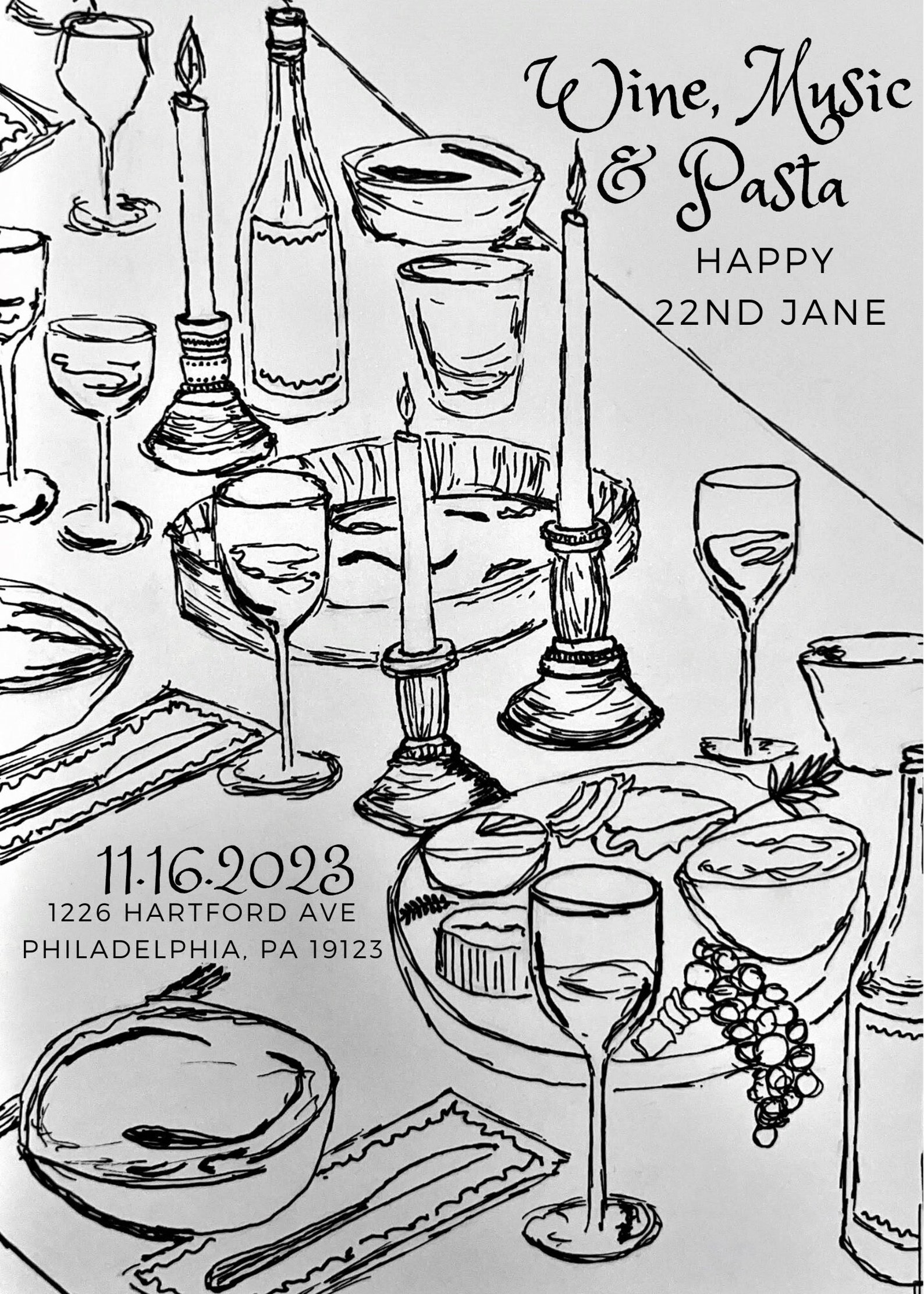 Hand-drawn Black & White, Whimsical Sketch - Birthday / Dinner Party ...