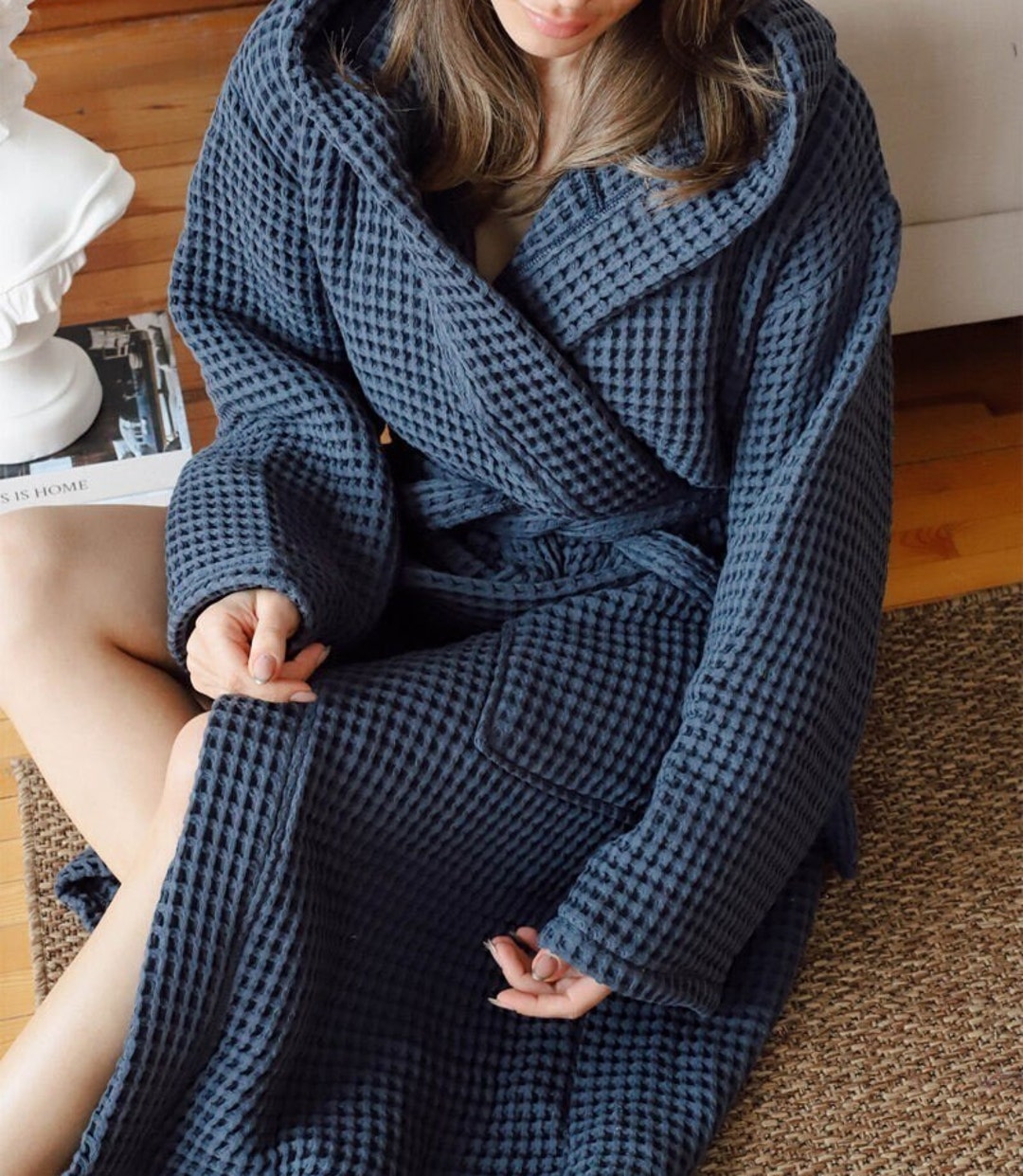 100% Cotton Waffle Bathrobe With Shawl Collar Indigo Blue - Etsy