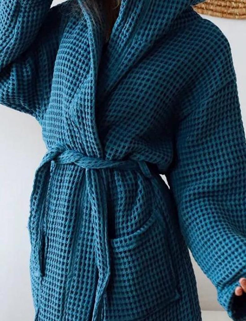 Cotton Waffle Bathrobe With Shawl Collar Petrol Blue - Etsy