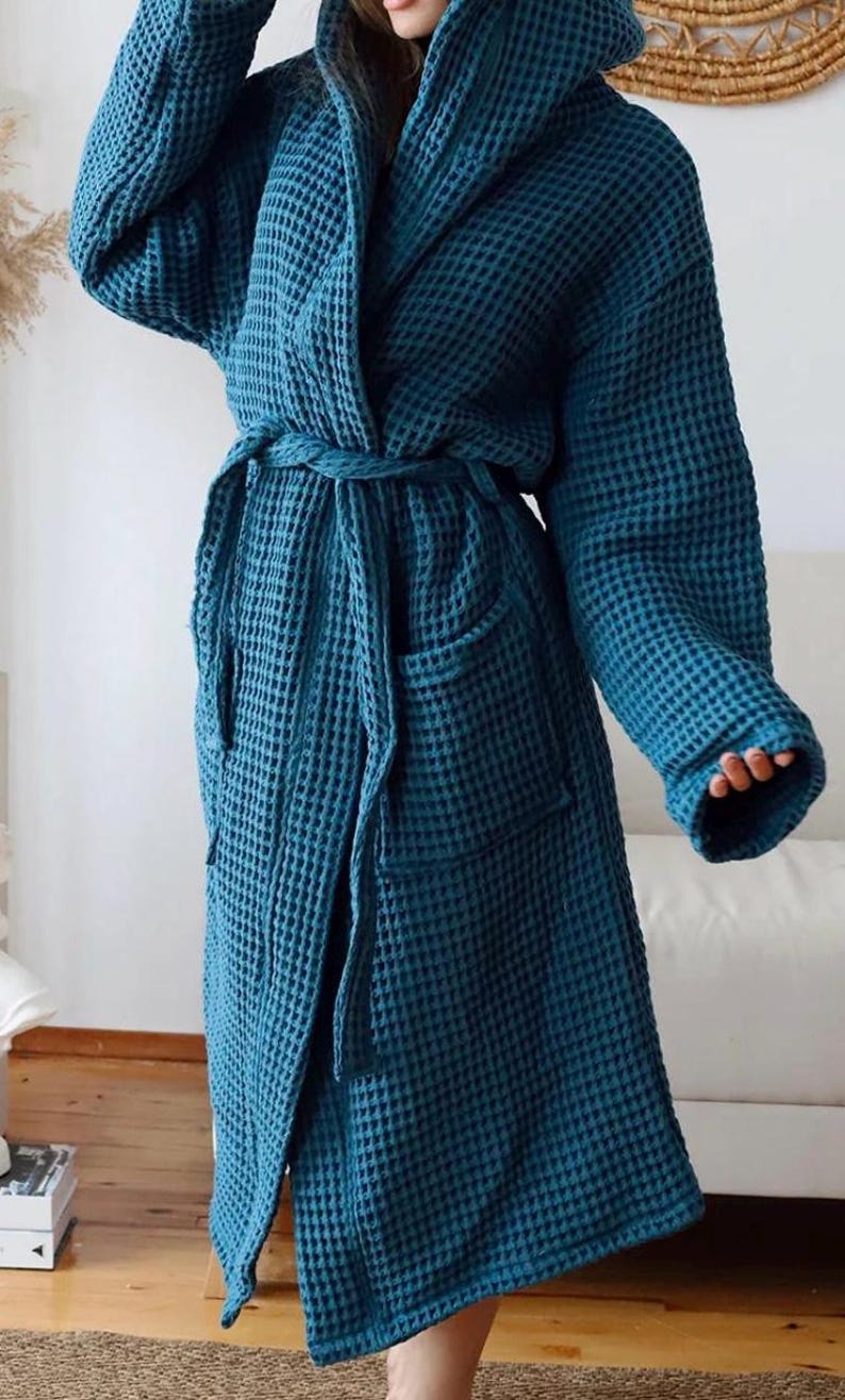Cotton Waffle Bathrobe With Shawl Collar Petrol Blue - Etsy