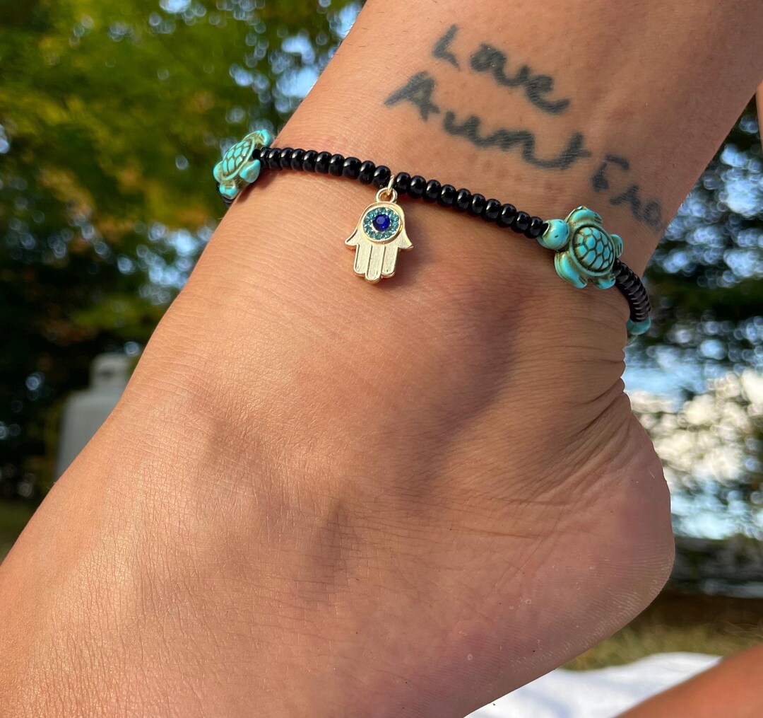 Beaded Turquoise Turtle Hamsa Hand Anklet - Etsy