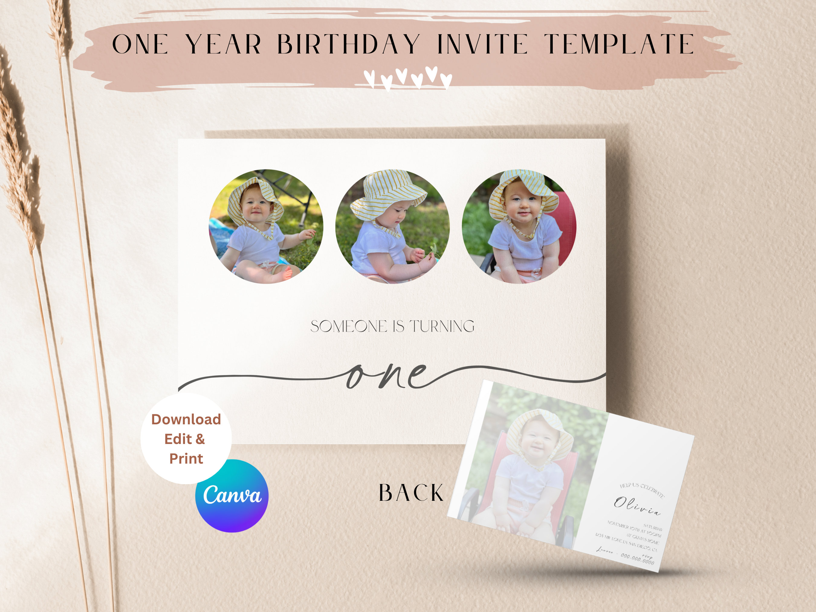 Editable Modern Birthday Invitation One Year Old Birthday First ...