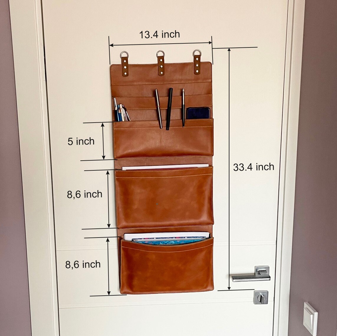 Leather Mail Organizer, Leather Wall Hanging Organizer, Leather Pocket ...