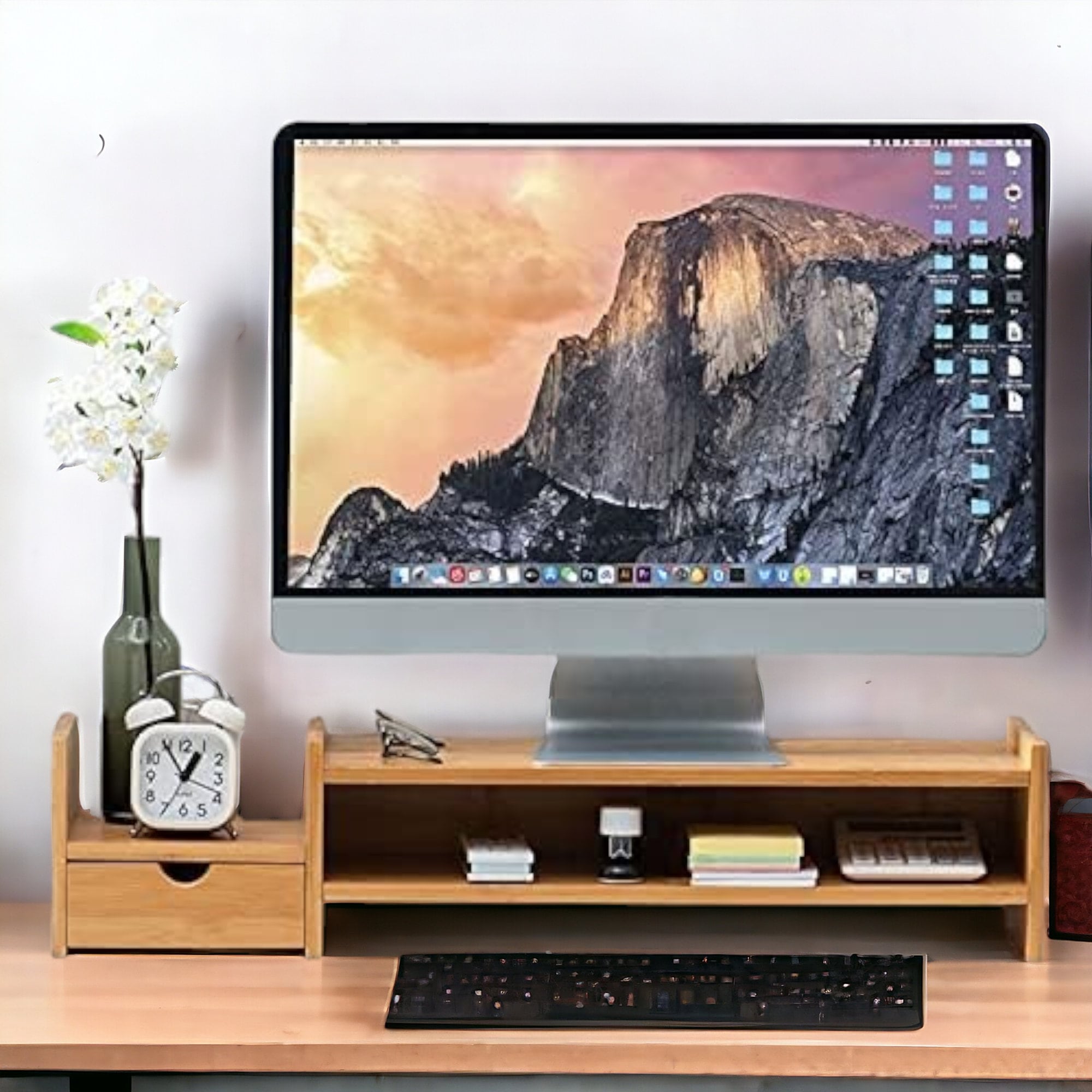 Monitor Stand Riser Desk Organizer Bamboo Two Tier Laptop Stand With ...