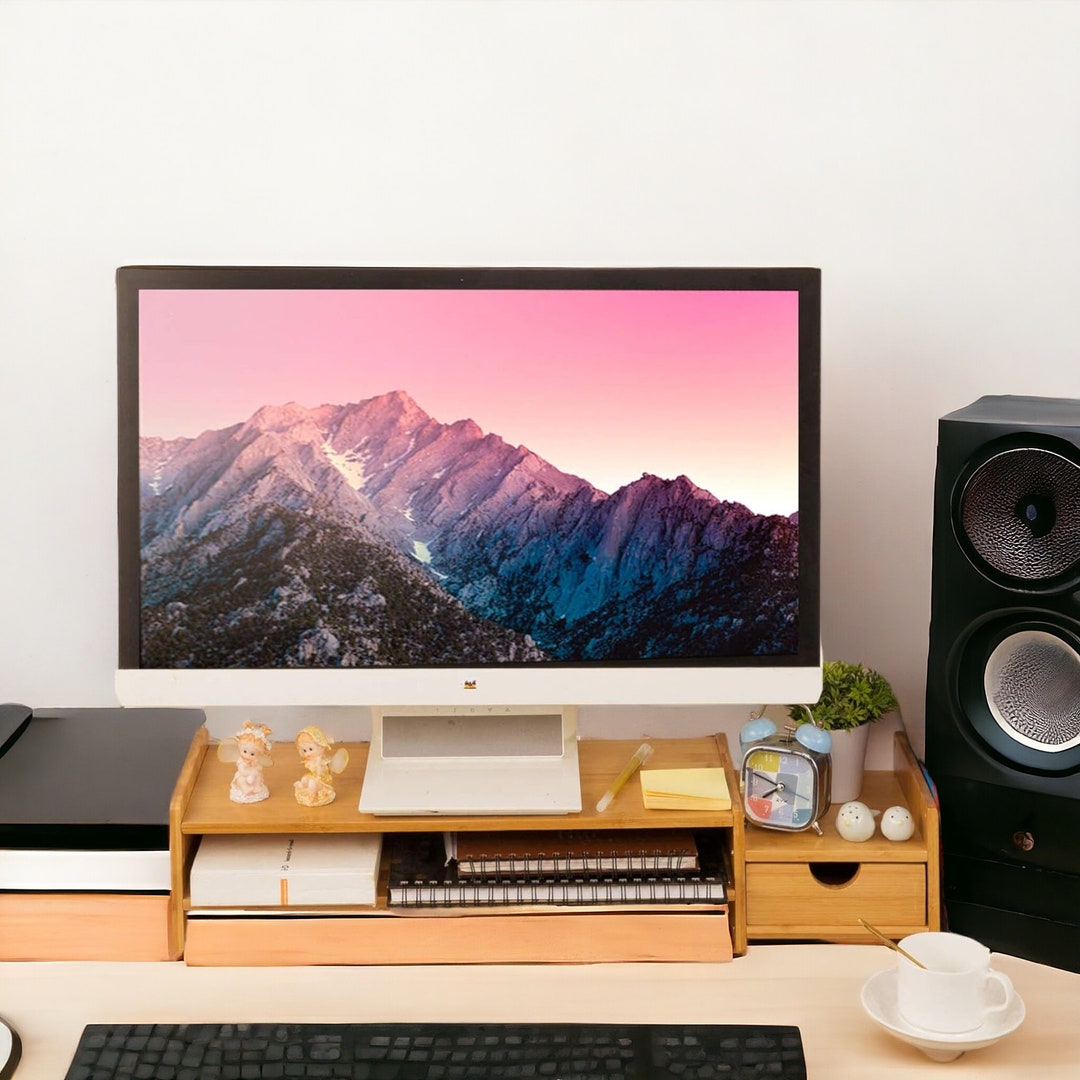 Monitor Stand Riser Desk Organizer Bamboo Two Tier Laptop Stand With ...