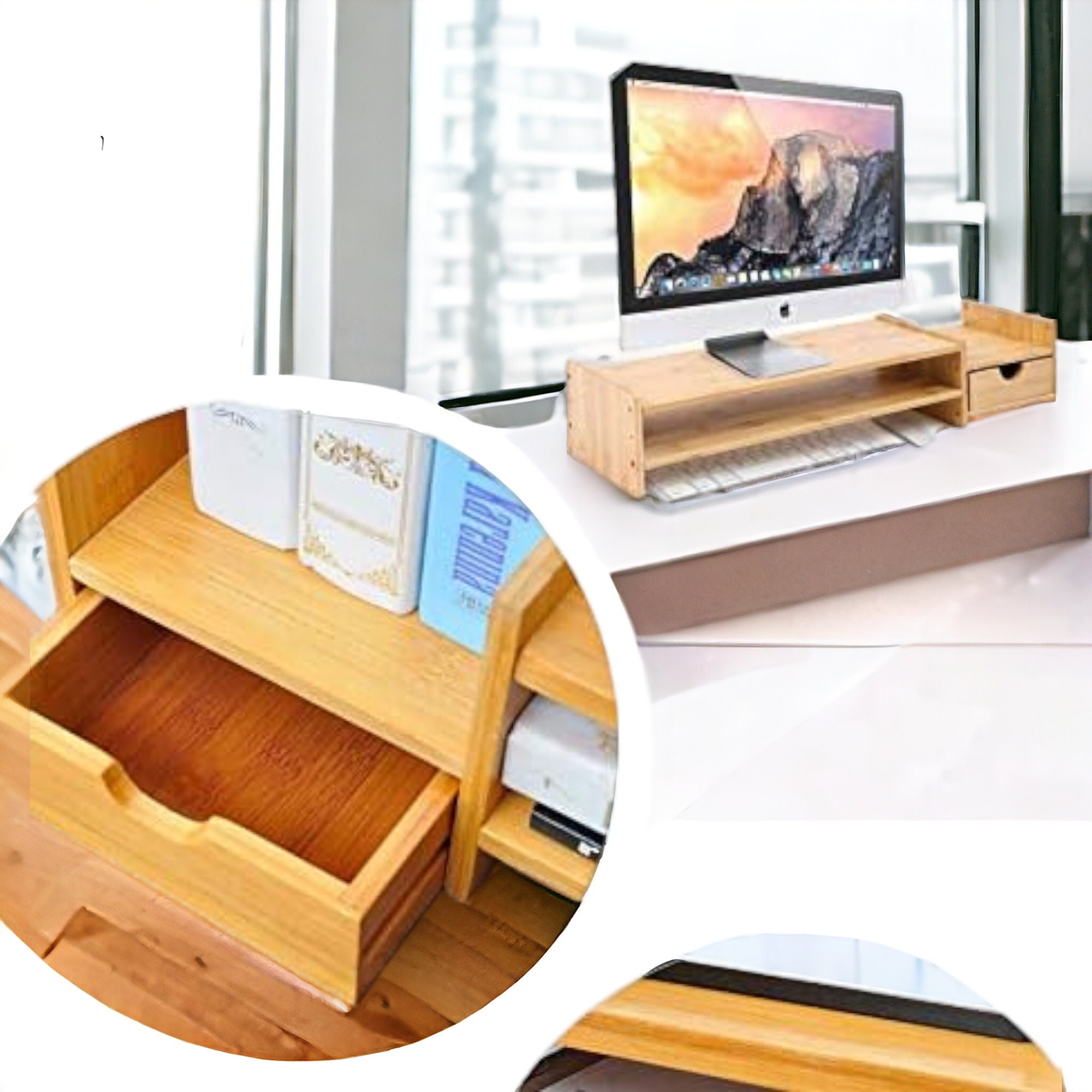Monitor Stand Riser Desk Organizer Bamboo Two Tier Laptop Stand With ...