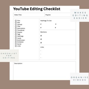 Youtube Video Editing Checklist | Printable Youtube Plan - Etsy