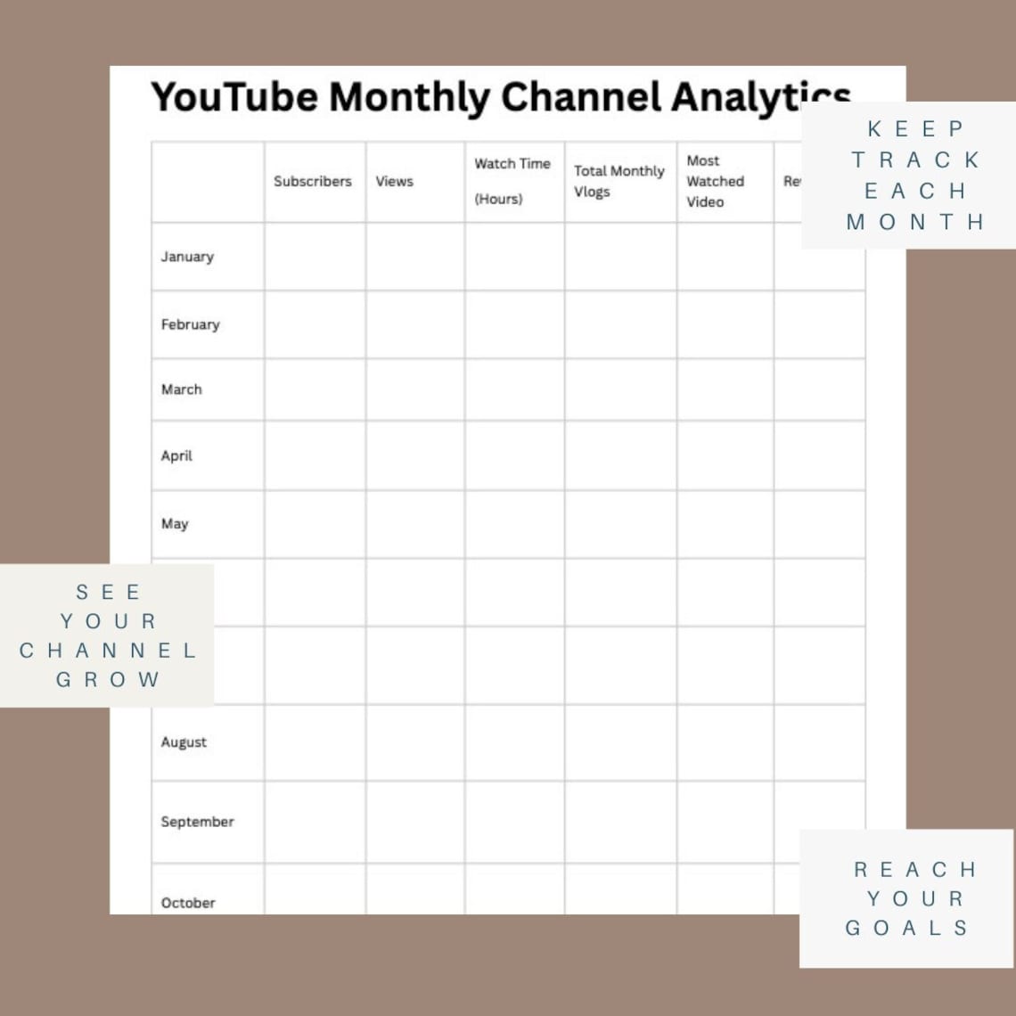 Youtube Monthly Analytics Tracker Youtube Tracker - Etsy