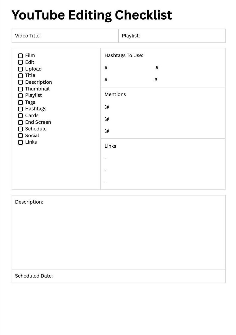 Youtube Video Editing Checklist | Printable Youtube Plan - Etsy