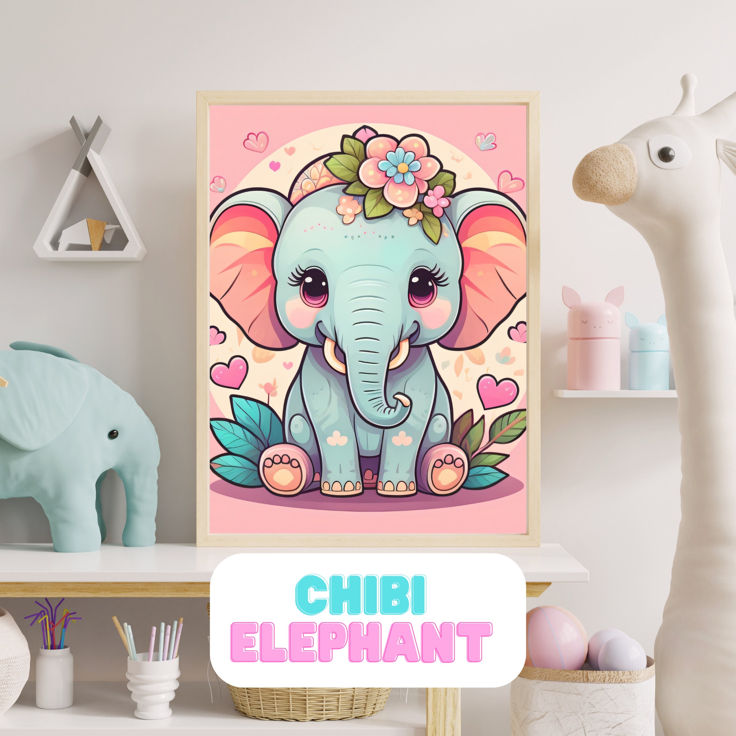 Kawaii Chibi Elephant- Perfect for Nursery Decor- Wall Decor ...