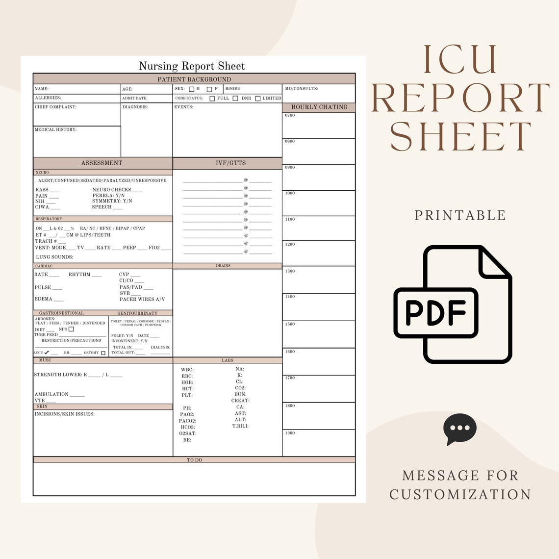 ICU Nurse Report Sheet | ICU Report Sheet | With Hourly Rounding and ...