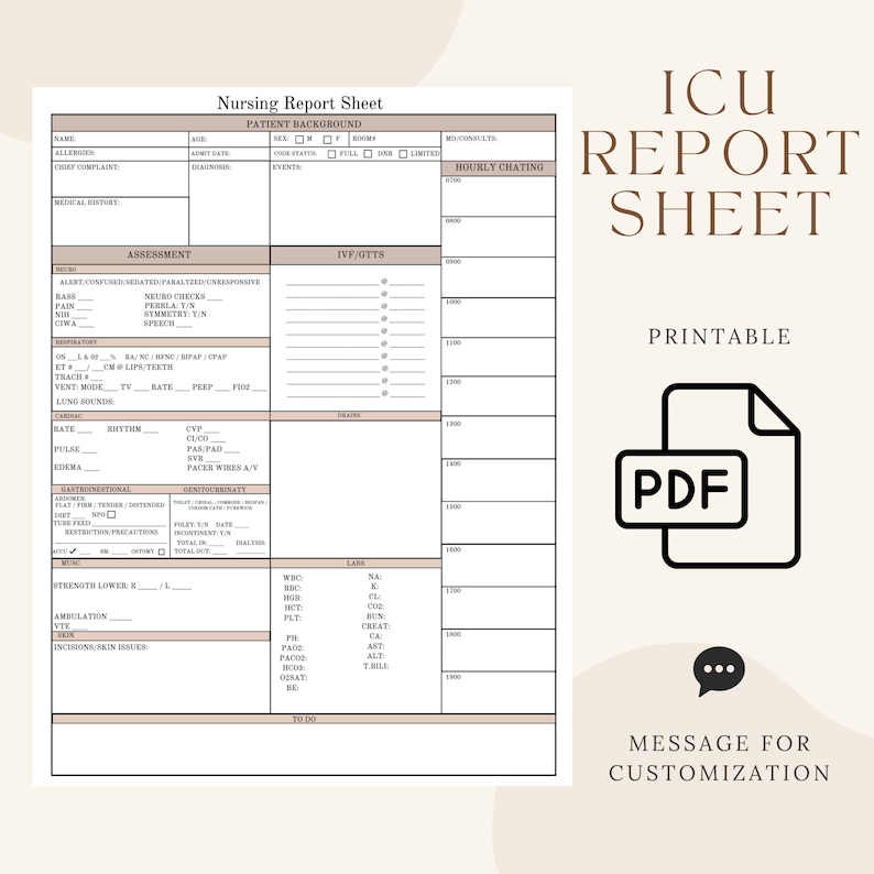 ICU Nurse Report Sheet | ICU Report Sheet | With Hourly Rounding and ...