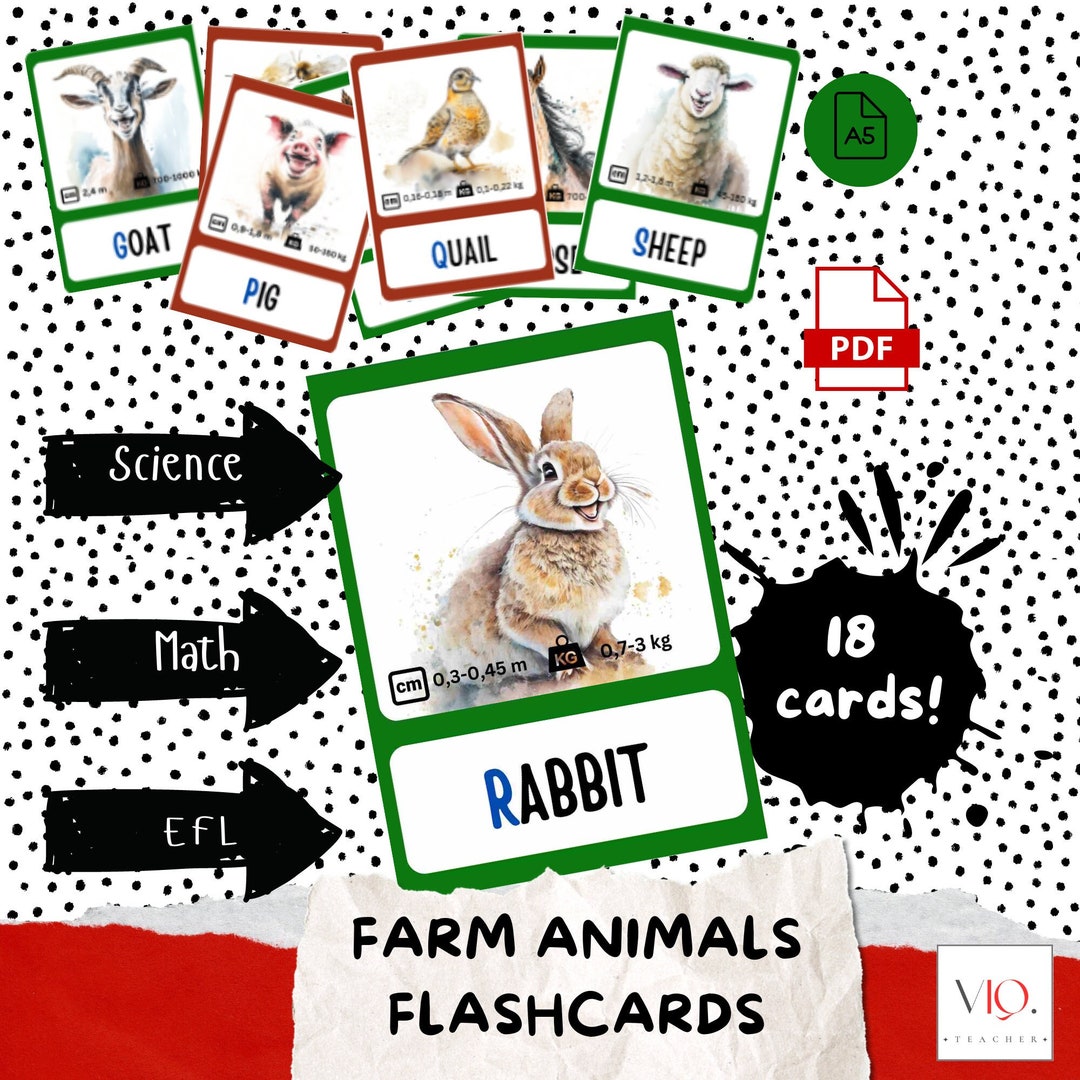 18 FARM ANIMALS FLASHCARDS (perfect for Clil, Science, Math, Efl, Esl ...