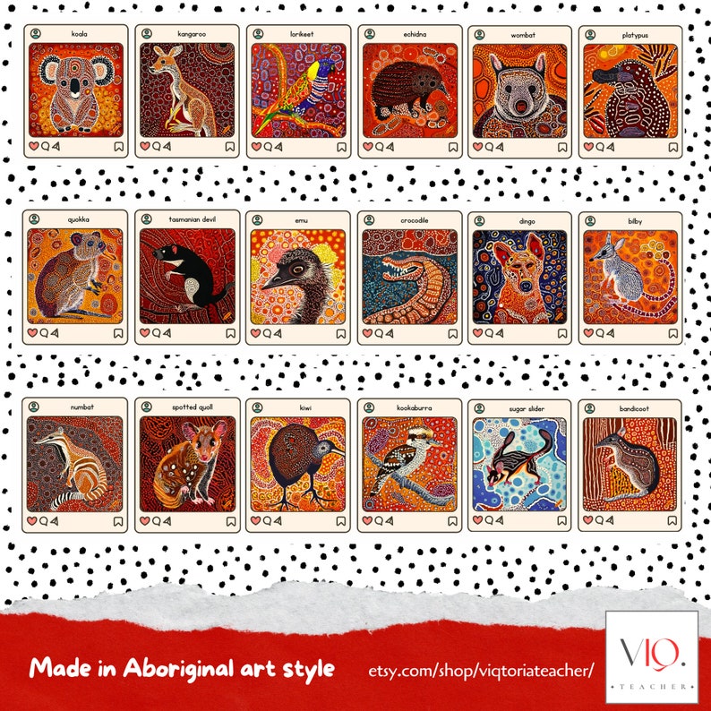 18x2 AUSTRALIAN ANIMALS FLASHCARDS (made in Aboriginal Art) - Etsy